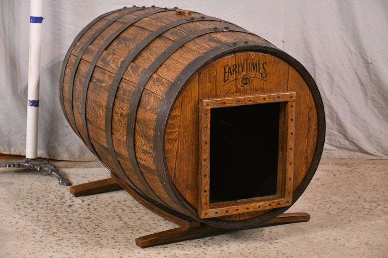 Early Times whiskey barrel dog house; 976-123 - R.H. Lee & Co. Auctioneers