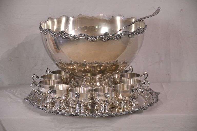 Large ornate silver plate punch bowl set with ladle, tray and 12 cups ...