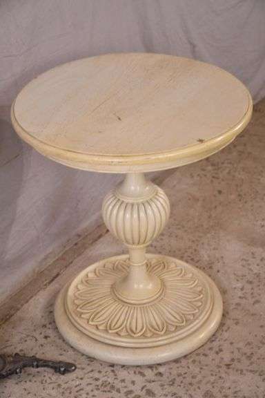 Round off-white side table with carved pedestal base; 55-10007 - R.H ...