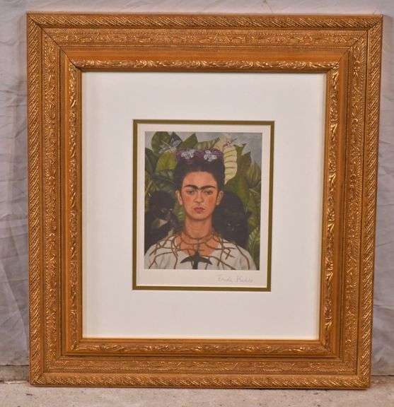 Small signed framed print "Self-Portrait with Thorn Necklace and ...