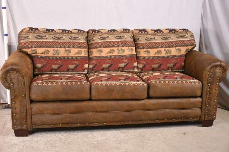Brown microfiber sofa with nature scene fabric; 9338-038 - R.H. Lee ...