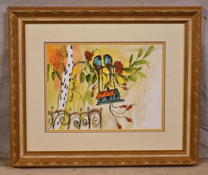 Framed original acrylic on paper of love birds by Anna Sandhu Ray; 975 ...