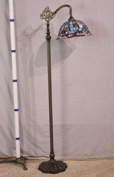 Ornate metal bridge lamp with stained glass shade; 1116-123 - R.H. Lee ...