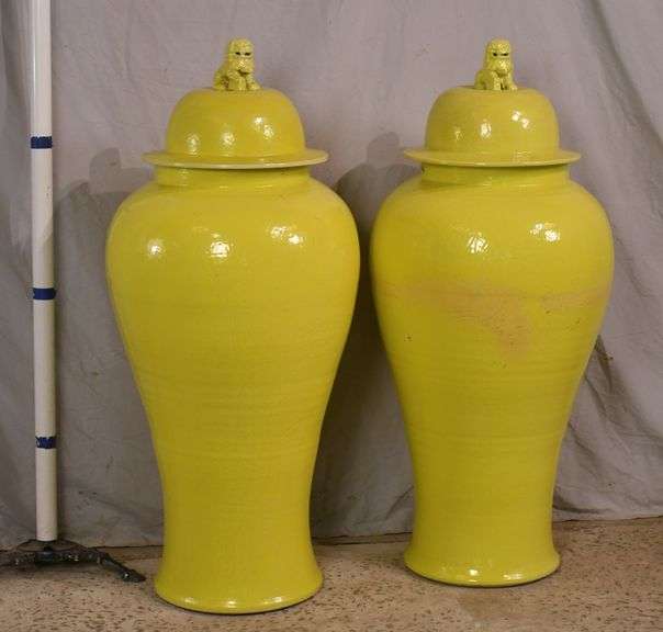 Pair of large yellow Oriental style ceramic temple jars with lids; 7123 ...