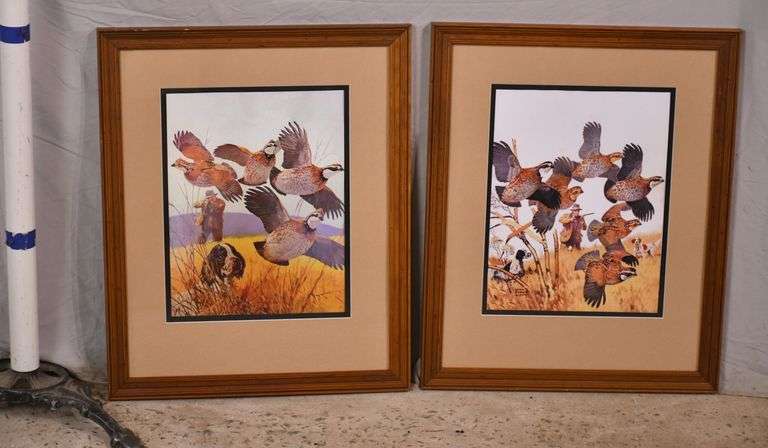 Pair of framed quail hunting prints by Lynn Bogue Hunt; 1054-620 - R.H ...