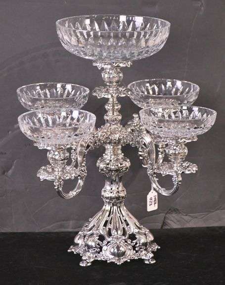 Reed & Barton ornate silver plate epergne with Miller Rogaska crystal ...