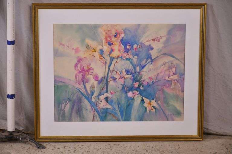 Large framed watercolor of iris by Joseph C. DeLaney; 961-153 - R.H ...