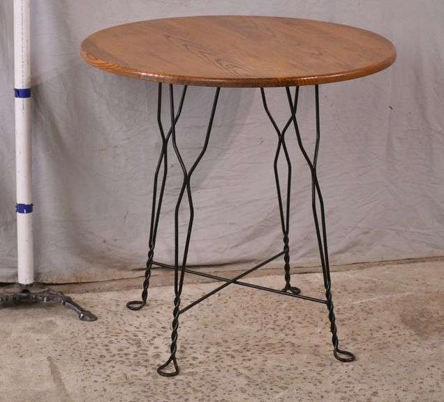 Round oak ice cream parlor table with black iron base; 966-194 - R.H ...