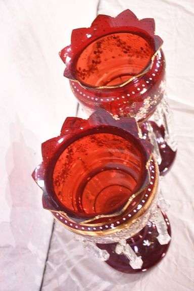 Pair of hand painted ruby red glass lusters with crystal prisms; 697 ...