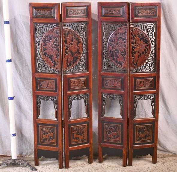 Pair of small carved Oriental style 2 panel folding screens; 14909-002 ...