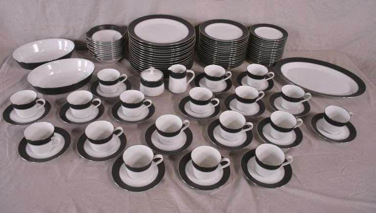 Set of Noritake "Mirano" china - black rims with silver trim; 3174-052 ...