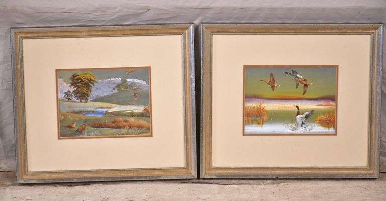 Pair of small framed iridescent paintings of ducks and pheasants by ...