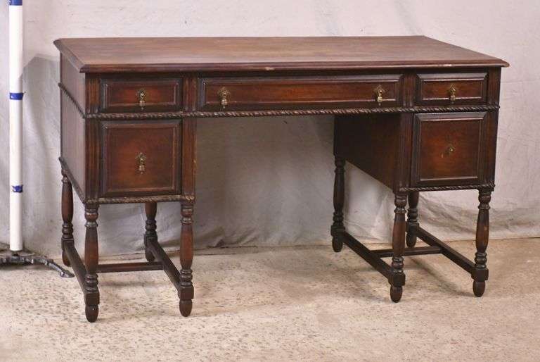 Johnson-Handley-Johnson walnut kneehole desk with stretcher bases; 192 ...