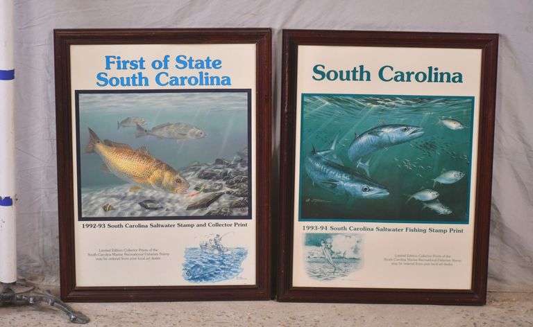 Pair of framed South Carolina saltwater fishing stamp prints; 1037-483 ...