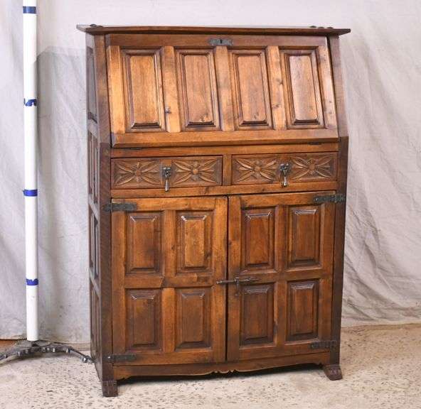 Carved Spanish style raised panel slant front desk; 68-3243 - R.H. Lee ...