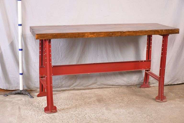 Industrial style work table with red metal base and pine top; 11092-008 ...