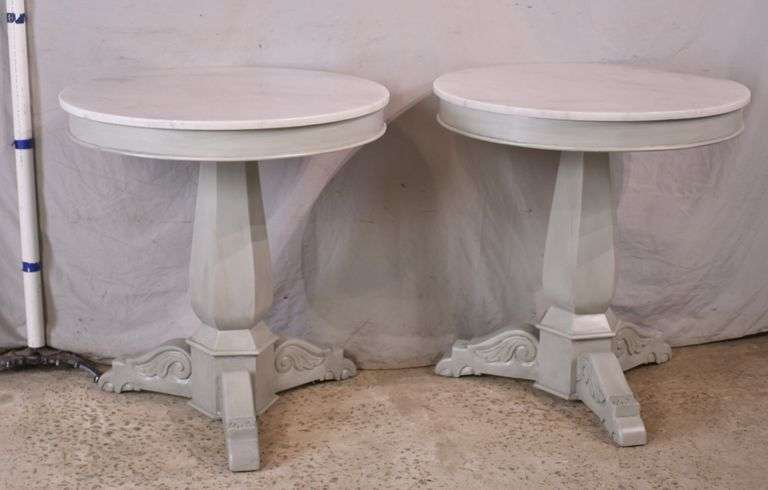 Pair of Beyond Borders round marble top accent tables with carved 3 leg ...