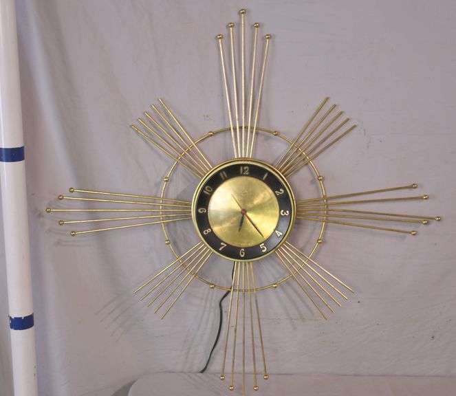 Lux mid-century style electric wall mounted clock with sunburst style ...
