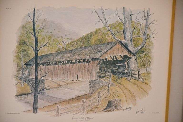 Signed framed print "Pioneer Wheels of Progress-The Covered Bridge" by ...