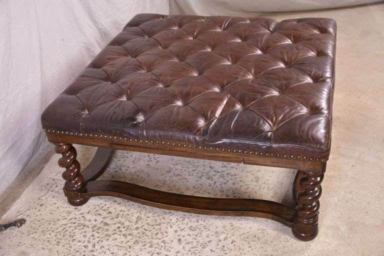 Large tufted distressed brown leather ottoman with barley twist legs ...