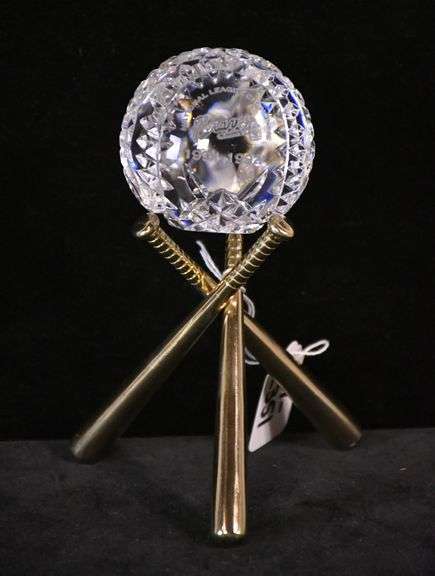 Waterford crystal baseball with brass bat stand commemorating 1991-1992 ...