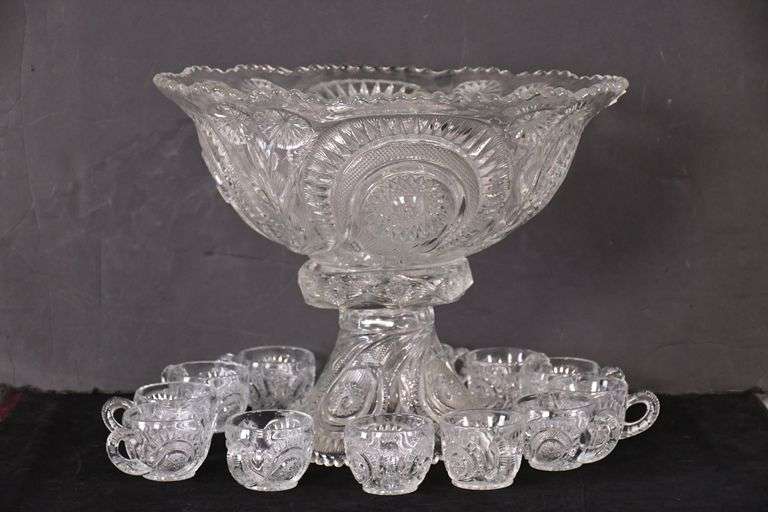Large crystal punch bowl with stand and 12 cups; 5167-020 - R.H. Lee ...