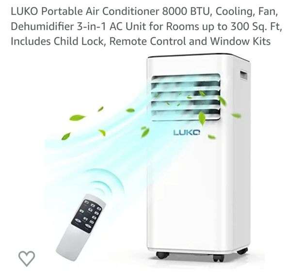 LUKO Portable Air Conditioner 8000 BTU, Cooling, Fan, Dehumidifier 3-in ...