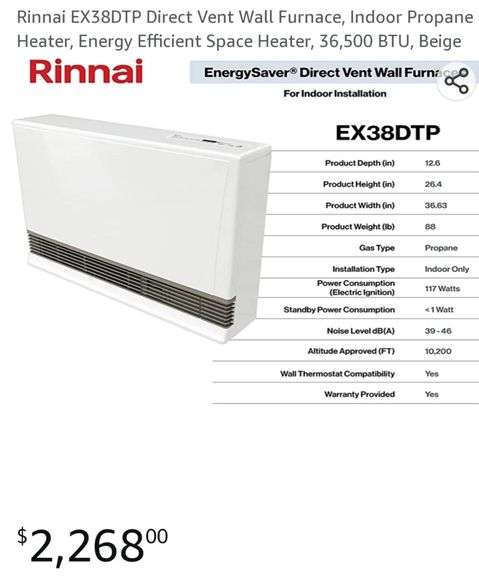 Rinnai EX38DTP Direct Vent Wall Furnace, Indoor Propane Heater, Energy ...