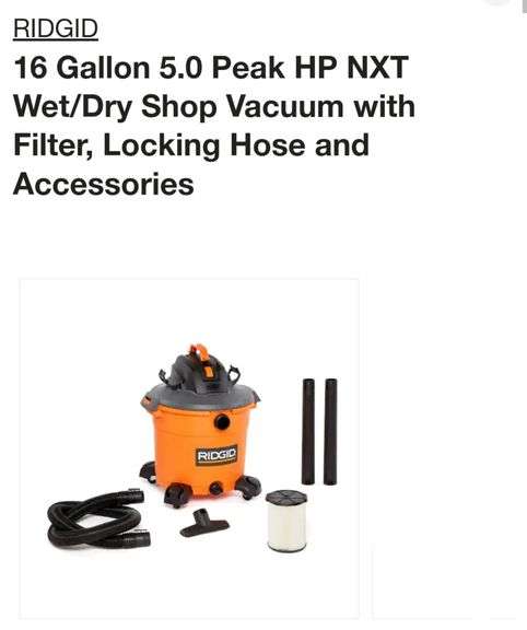Ridgid 16 Gallon 5.0 Peak HP NXT Wet/Dry Shop Vacuum with Filter ...