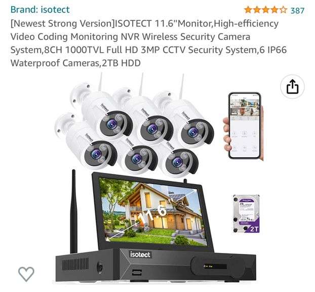 Isotect HD wireless security camera system with 11.6” monitor and six ...