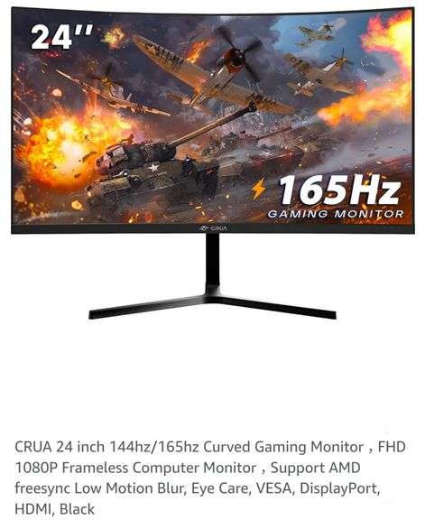 CRUA 24 inch 144hz/165hz Curved Gaming Monitor，FHD 1080P Frameless ...