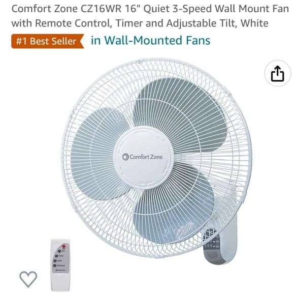 Comfort Zone CZ16WR 16" Quiet 3-Speed Wall Mount Fan with Remote ...