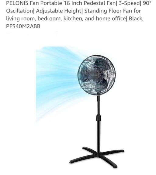 PELONIS Fan Portable 16 Inch Pedestal Fan| 3-Speed| 90° Oscillation ...