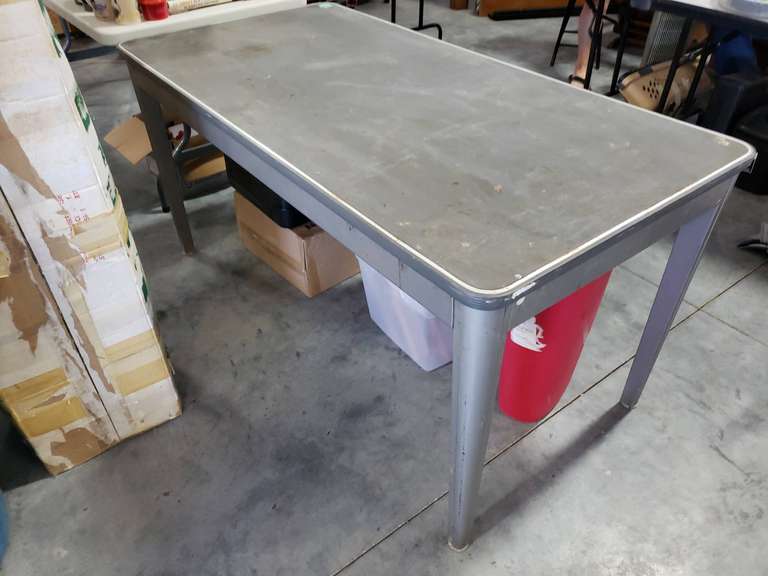 Metal school desk table - Adam Marshall Land & Auction, LLC