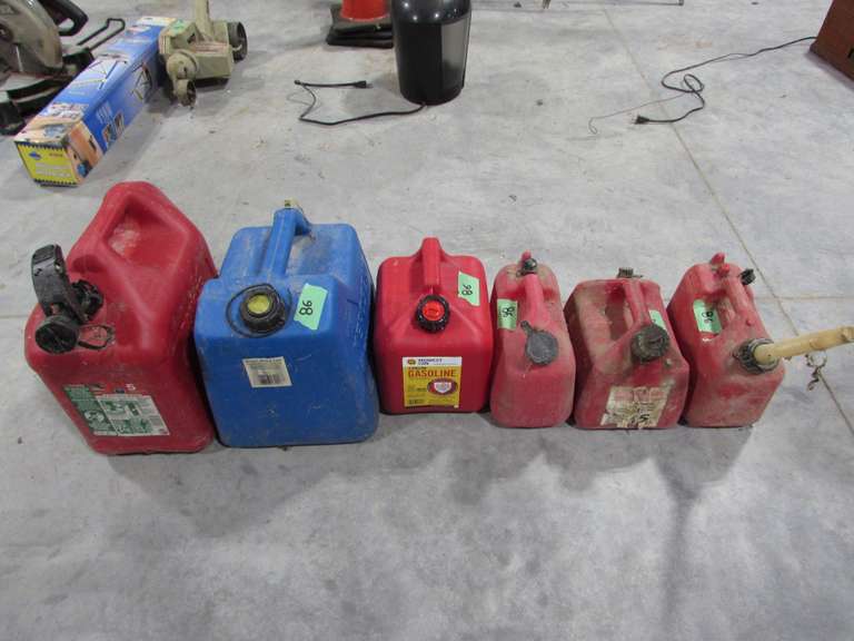 Six gas cans - different sizes - Adam Marshall Land & Auction, LLC