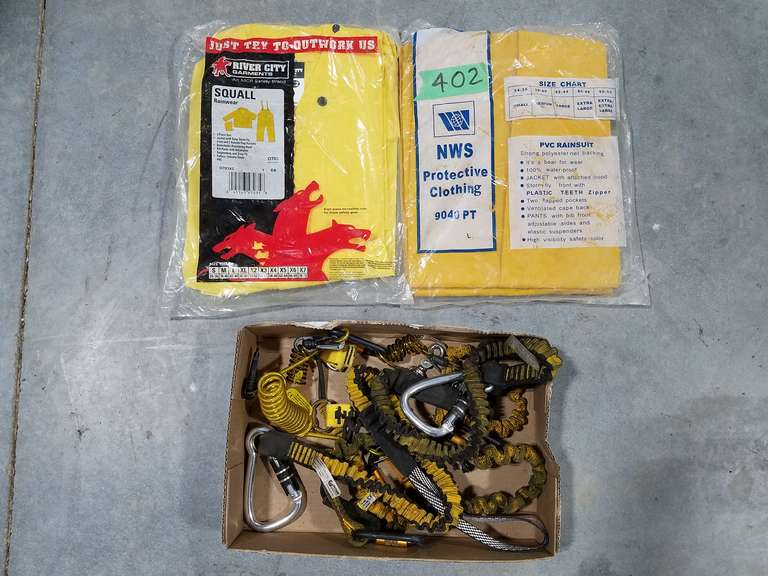 Box of Python Straps, Carabiners, Etc & (2) Rain Suits - Adam Marshall ...