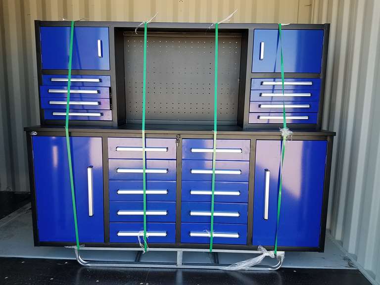 Unused 2021 Steelman 7Ft workbench with 18 drawers and back, blue ...