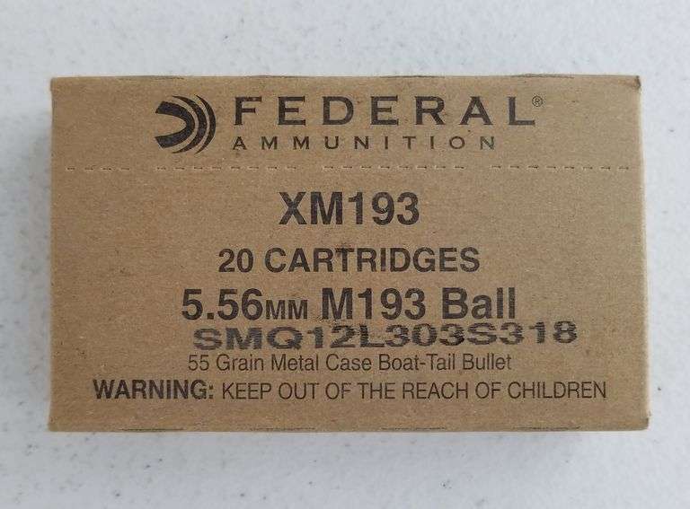 Federal 5.56 MM M193 Ball - 55 Gr Metal Case Boat Tail (6 X 20) - Adam Marshall Land & Auction, LLC