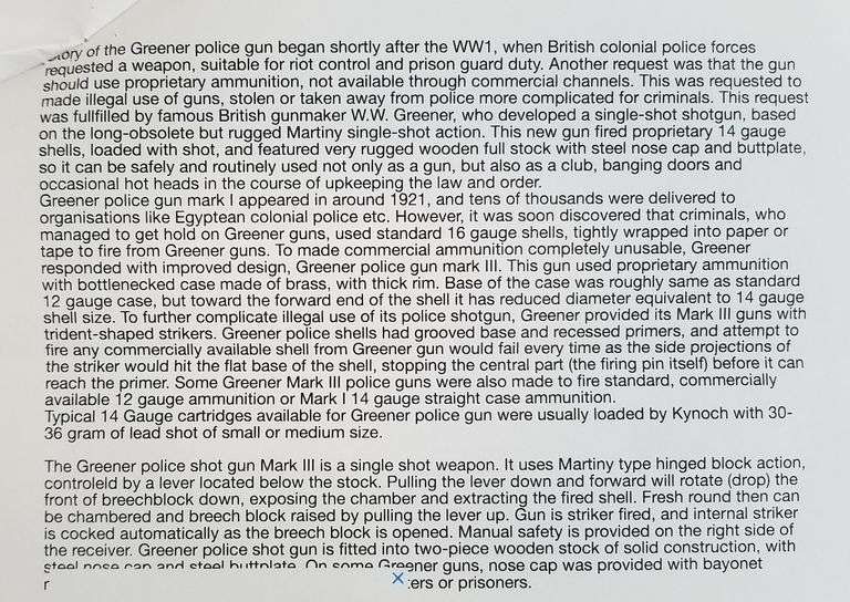 WW Greener Model Mark III Police Gun Single Shot Shotgun - 14 GA - SN ...