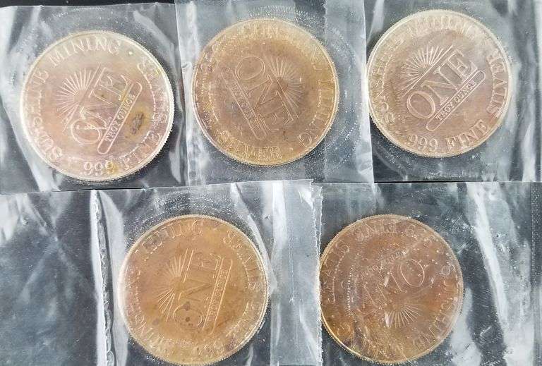 (5) Sunshine Mining Co "Sunshine 1990" 1 oz Silver Rounds - Tarnished ...