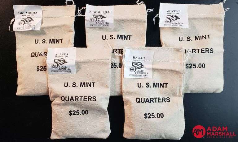 (5) 2008 Series US Mint 50 State Quarters $25 Bags (1 D Of Each State ...
