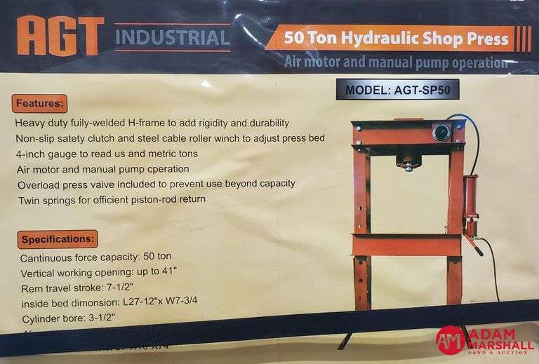 Unused AGT Industrial Model AGT-SP50 50 Ton Hydraulic Shop Press - Adam ...