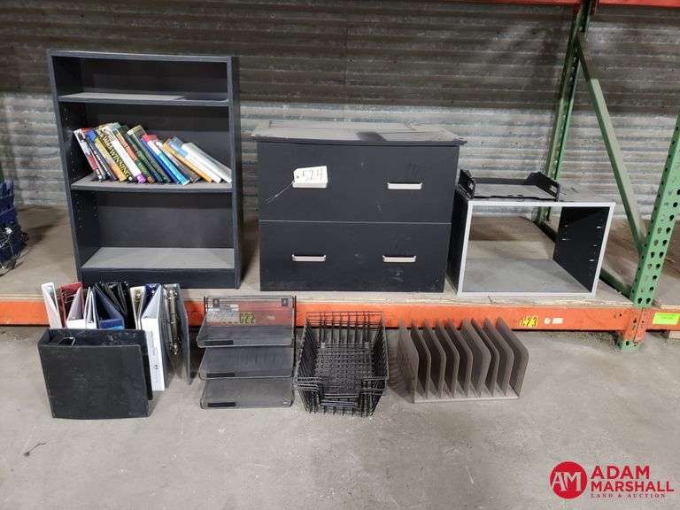 Assorted office items:books, shelving, binders, file cabinet with all ...