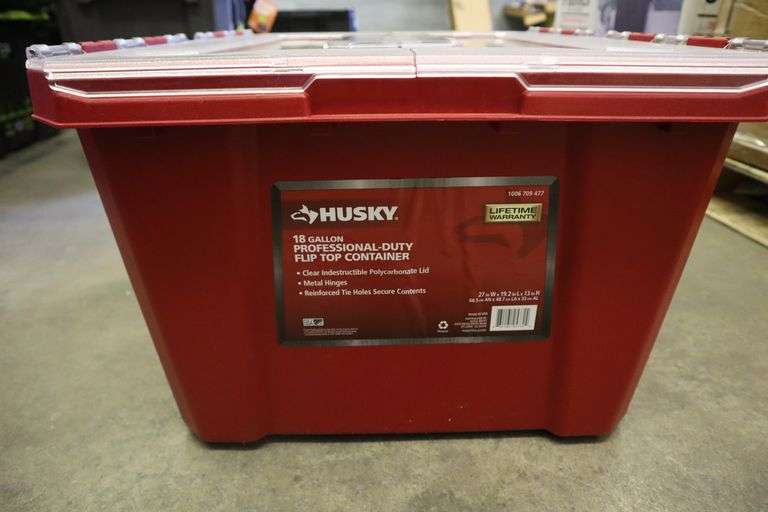 (2) Husky 18 gal professional duty storage container with flip top lid ...