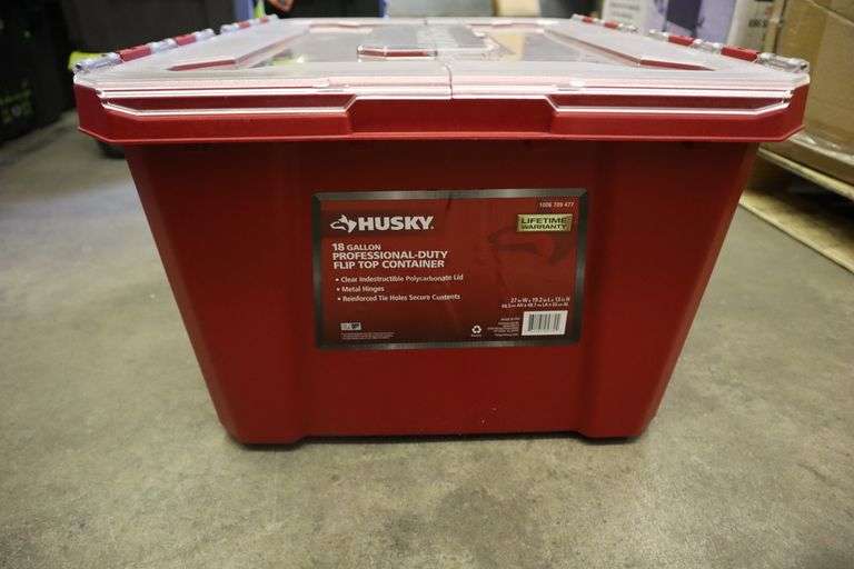 (2) Husky 18 gal professional duty storage container with flip top lid ...