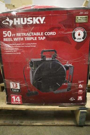 Husky 50 ft Retractable Cord Reel with triple tap - Matthews Auctioneers