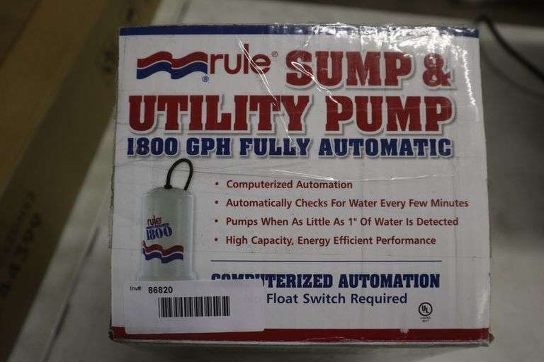 Rule sump and utility pump 1800 gph fully automatic - Matthews Auctioneers