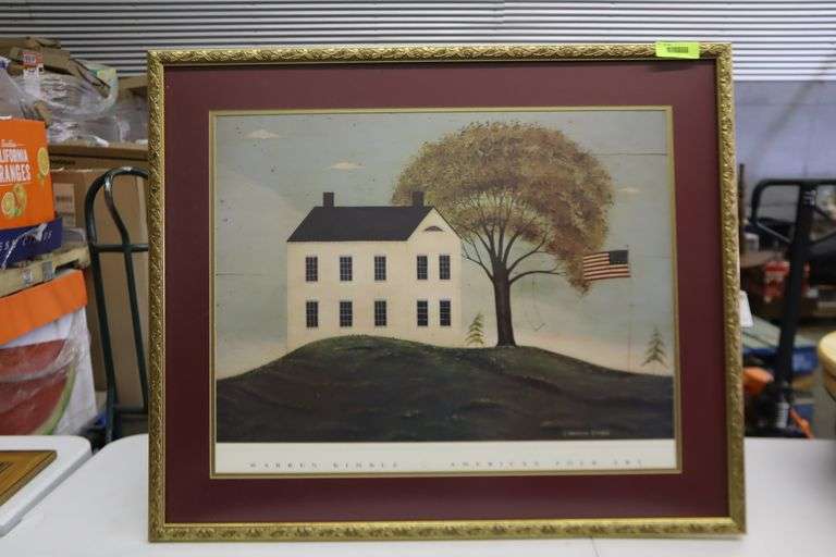 Folk Art work by Warren Kimble; white farm house w/ american flag ...