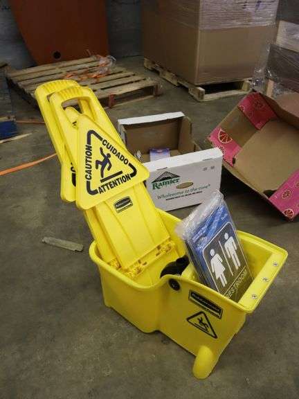 Rubbermaid mop buckets, 2 wet floor signs and restroom signs - Matthews ...