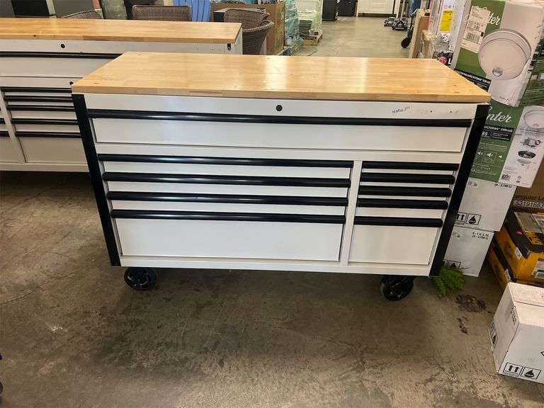 Husky 56 in. W x 27.6 in. D Heavy Duty 10-Drawer Gloss White workbench ...